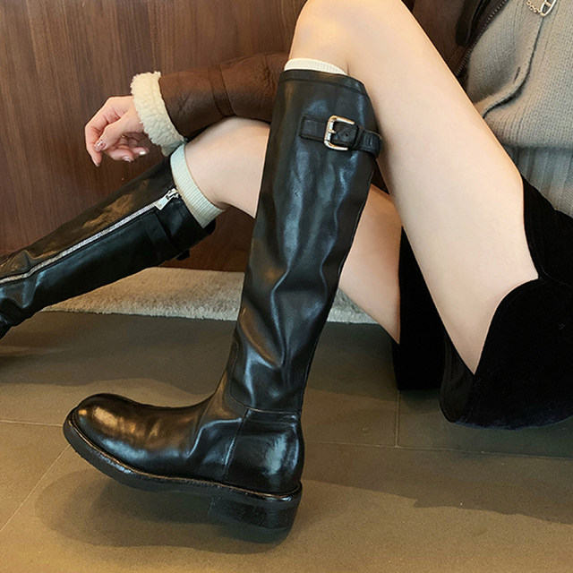 Retro flat-top boots, female knight boots, internet celebrity leather ...