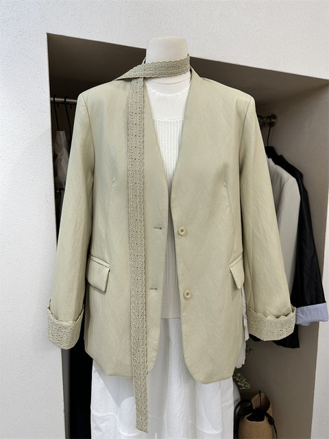 Korean style design lace streamer protein leather V-neck leather suit ...