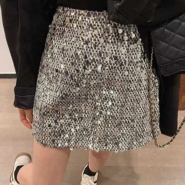 New high-waisted skirt for autumn and winter, shiny silver skirt, anti ...