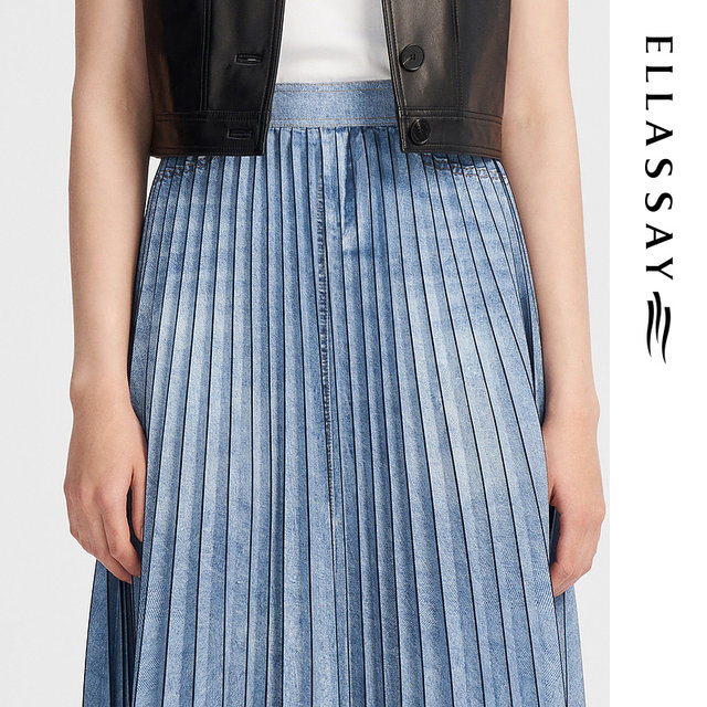 ELLASSAY autumn new retro denim print design pleated skirt for women ...