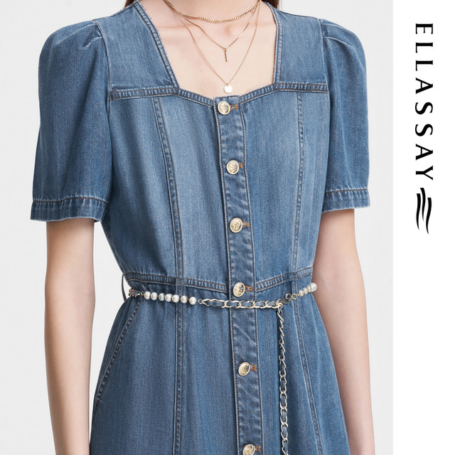 ELLASSAY 24 spring and summer new high-quality retro square-neck denim ...