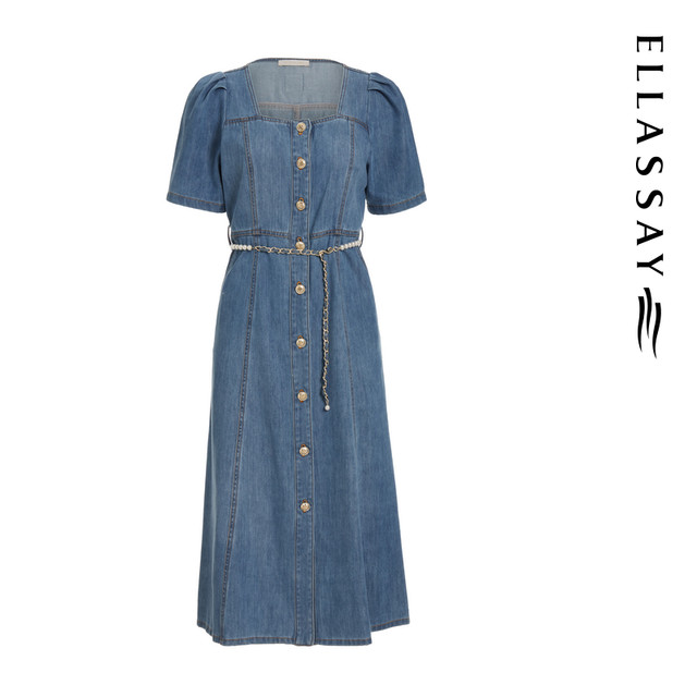 ELLASSAY 24 spring and summer new high-quality retro square-neck denim ...