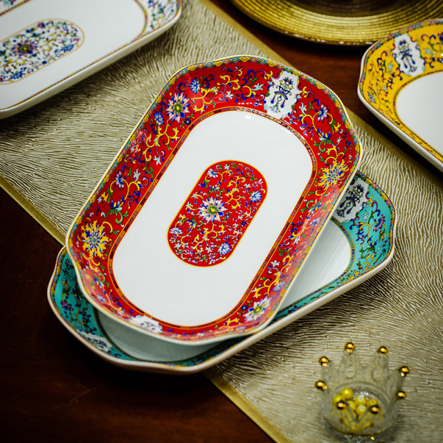 Enamel fish plate ceramic household large rectangular plate dish plate ...