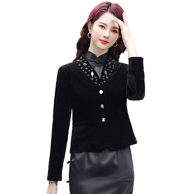 Gold Velvet Jacket Paired with a Cheongsam Dress for Women, Spring and ...