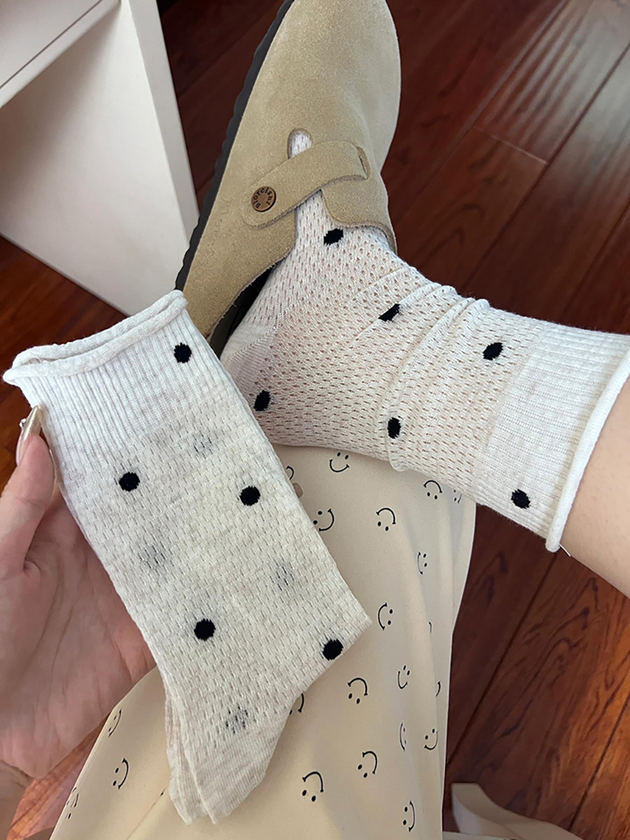 Summer thin mid-tube women's socks simple solid color polka dot socks ...