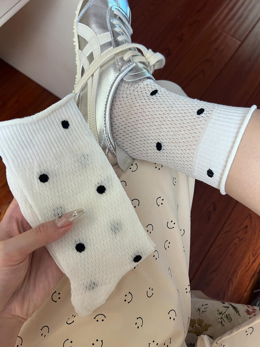 Summer thin mid-tube women's socks simple solid color polka dot socks ...