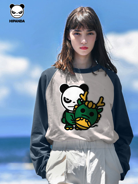 Hipanda Hello Panda Guo Chao couple inserted long -sleeved shirt 2024 autumn new contrasting ...
