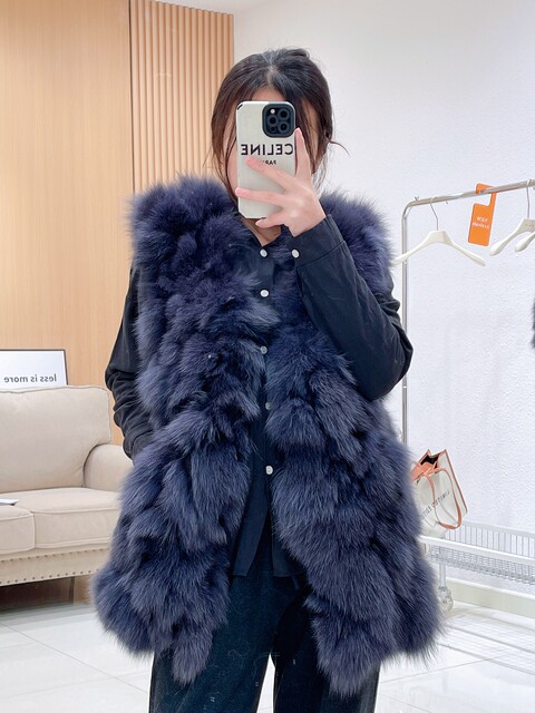 2024 autumn and winter vest vest new long fox fox casual stitching fashion Korean version of ...