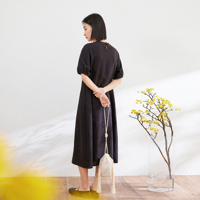 Pu PUKKA minimalist style linen round neck waist slimming short-sleeved ...