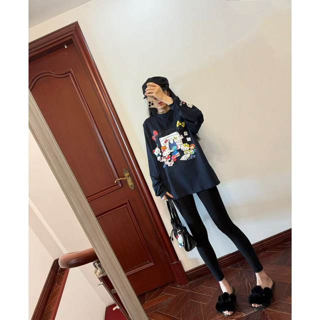 Self -reserved model! Designer cartoon cat printed T -shirt heavy labor ...