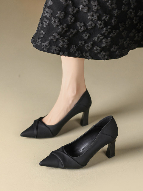 Black Soft Leather High Heels for Women, Chunky Heel, Spring French ...