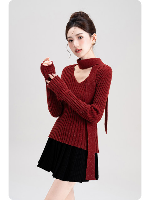 Red bright silk atmosphere V-neck scarf streamer sweater autumn and winter slim fit inner ...