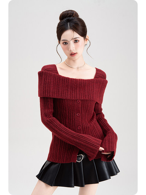 One-shoulder sweater for women 2024 autumn and winter new red sweater ...