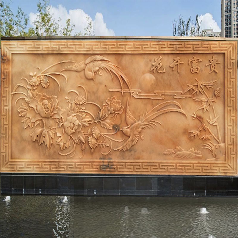 Écran de relief en marbre de style chinois moderne - Motif floral rouge ...