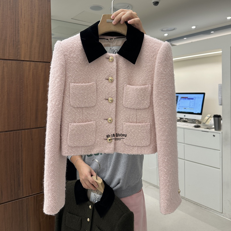 High-end short splicing small woolen coat for women 2023 autumn and winter new Korean style ...