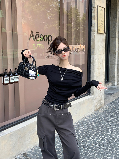 Adan black oblique shoulder top spring and autumn Korean version slim ...