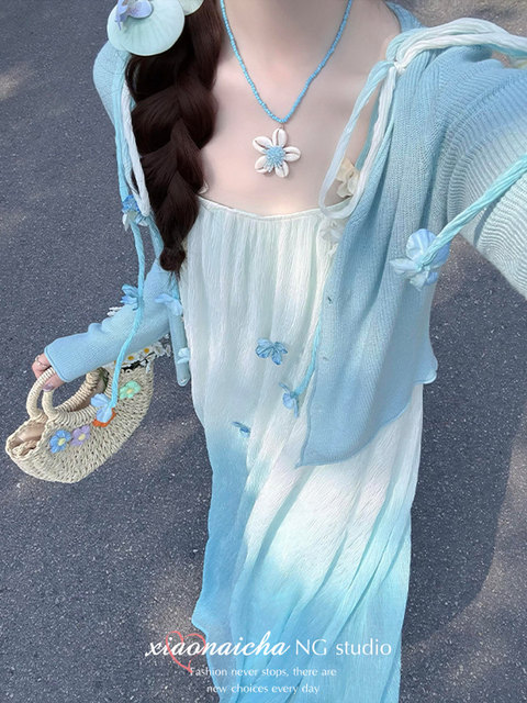 Mint Mambo Style Gradient Blue Suspender Dress for Women, Summer Gentle ...