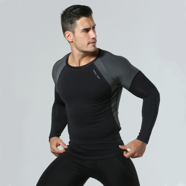Velvet quick-drying compression fitness clothes for men stretch basketball training bodybuilding ...