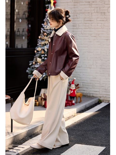 XWI Xinwei, Cocoa red contrasting splicing leather outer set female ...