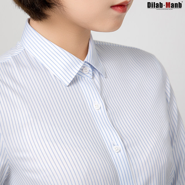 Dimeng No-Iron Shirt Women's Long-Sleeved Blue and White Stripesd ...