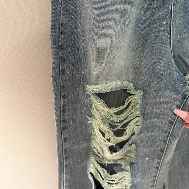 *Street feeling relaxed*Silver ripped tassel heavy industry wide-leg ...