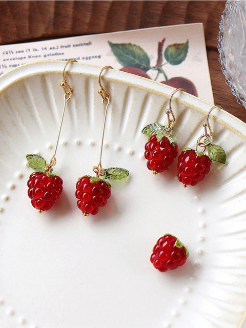 Lixia red raspberry earrings glazed raspberry fruit asymmetric earrings ...