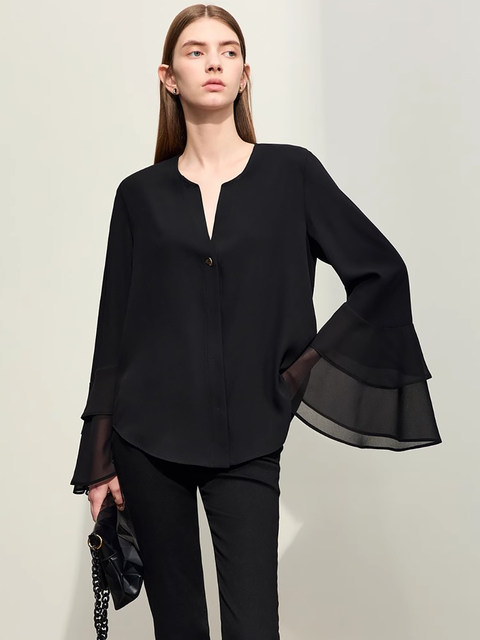 AMII French double -layer lotus leaf long -sleeved chiffon shirt female ...