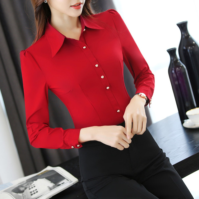 Red shirt women's long -sleeved fashion temperament autumn slim red ...