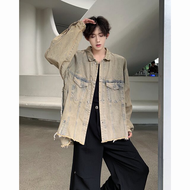 Men's American Retro Washed Yellow Clay Short Denim Jacket Spring and ...