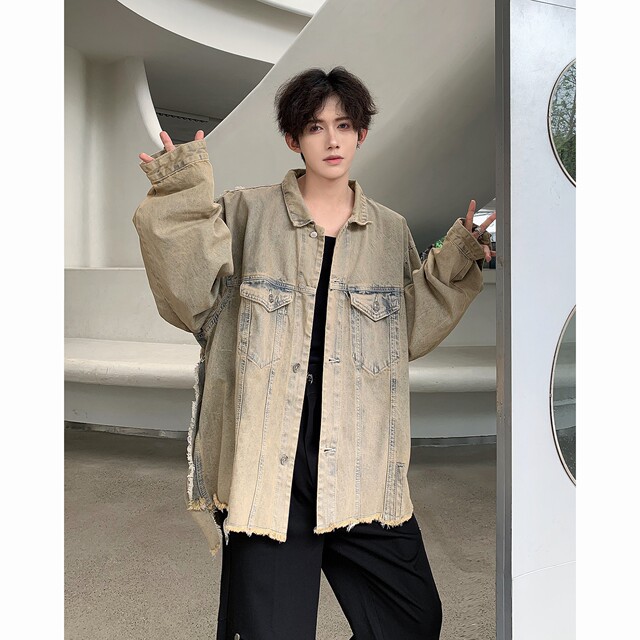 Men's American Retro Washed Yellow Clay Short Denim Jacket Spring and ...