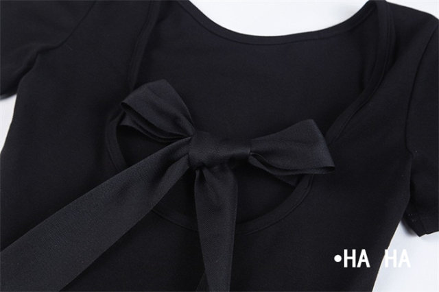 HAHA back bow design backless bottoming T-shirt women's black slim fit ...