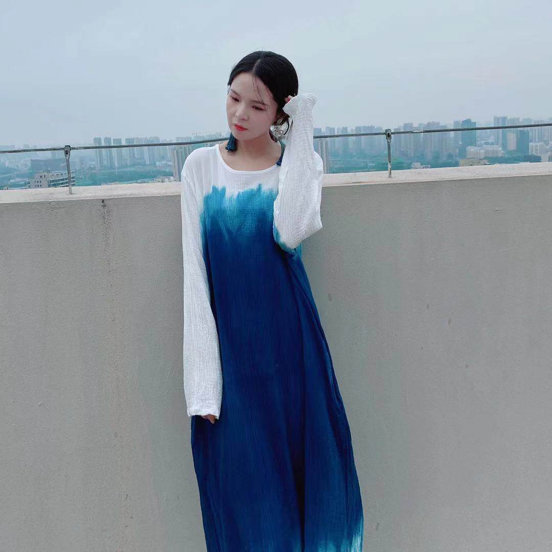 Yiche tie-dyed autumn original design handmade plant blue dyed artistic ...