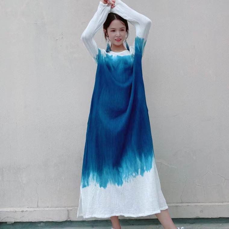 Yiche tie-dyed autumn original design handmade plant blue dyed artistic ...