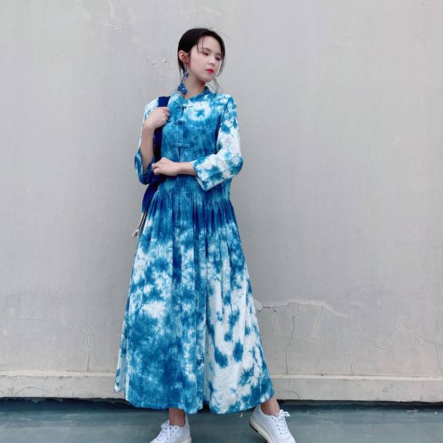 Yiche tie-dye original design handmade plant blue dye artistic retro ...