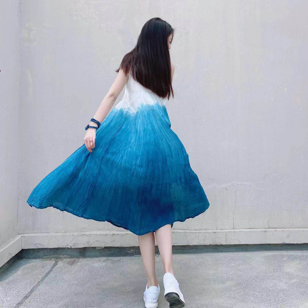 Yiche original design plant tie-dyed blue dye gradient fairy literary ...