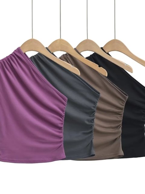 Little Ru French style sexy slanted shoulders wrinkled waist vest pure ...