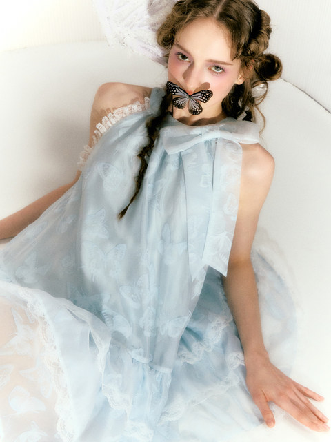 Narrator Original Design Mint Blue Butterfly Organza Lace Halter ...