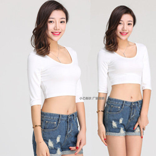 Ultra -short mid -sleeved T -shirt women with half -cut cotton ...