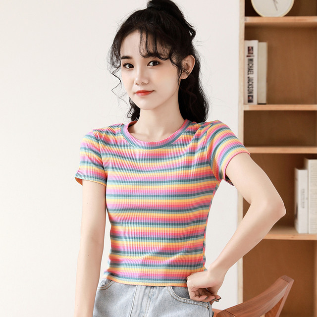 Short -lapse jacket female rainbow striped tight -fitting leaky belly ...