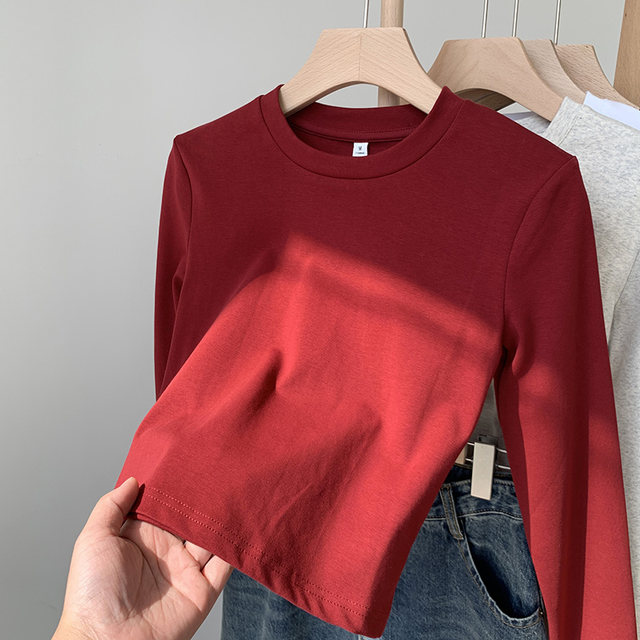 Red Right-Shoulder Women's T-Shirt, Long-Sleeved Short Tight-Fitting ...