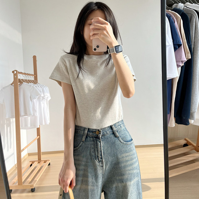 Shoulder gray t-shirt women's short-sleeved summer 2023 American retro design sense all-match ...