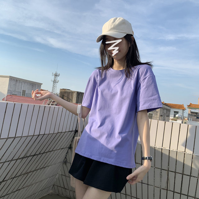 Taro Purple T -shirt Women's cotton short -sleeved solid color top ...