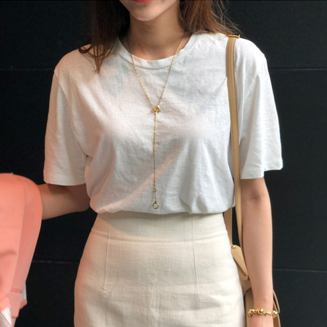 White T-Shirt for Women, Summer Cotton Short-Sleeved Loose Pure White T ...