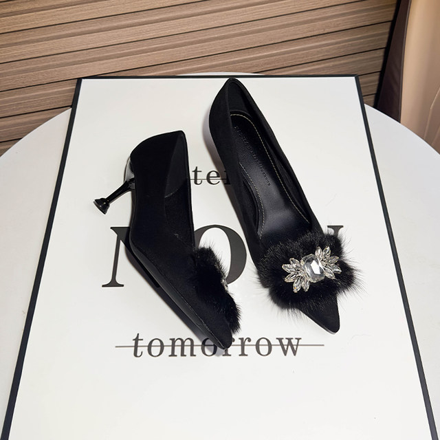 Autumn and winter new temperament furry rhinestone black suede cat heel ...