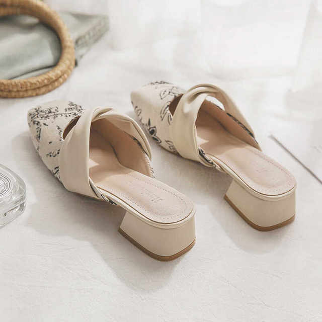 Sheepskin version ~ Heelless lazy shoes French thick heel Baotou half ...