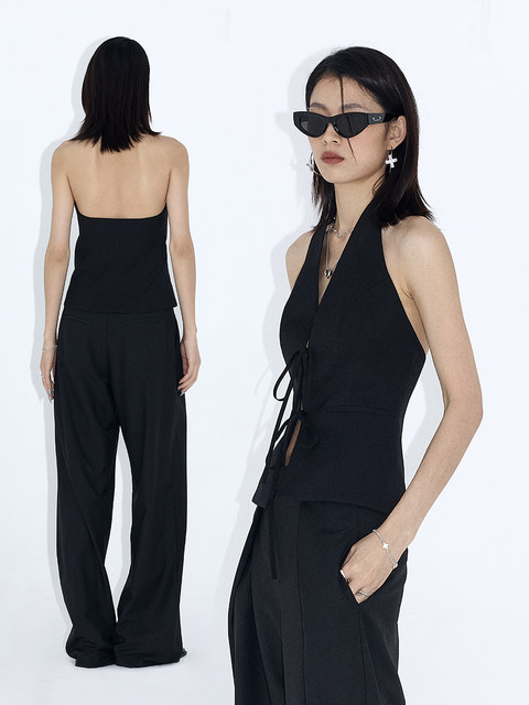 Ourhour halter neck cut shoulders, black V-neck lace-up suit vest ...