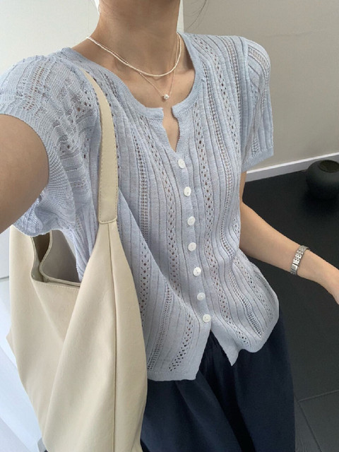 Zhang Xiaoz Korean simple V-neck knitted cardigan for women 2025 summer ...