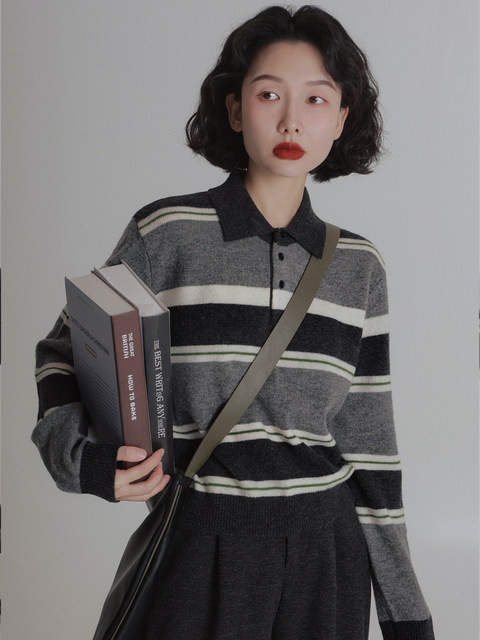 Ivy yang all wool POLO collision colored striped sweaters women's ...