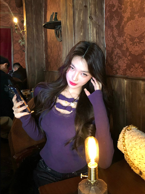 12YE Purple Bow Knit Sweater for Women in Autumn and Winter Long Sleeve U-neck Spliced Lace Slim Top