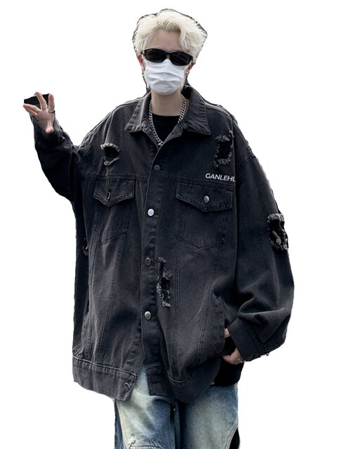 Street-fried ripped denim jacket men's spring and autumn American retro ...